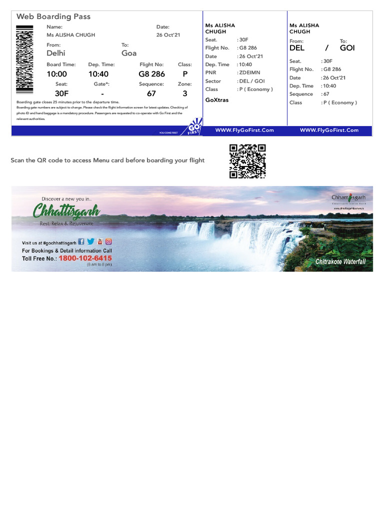 GoFirst_BoardingPass_PNR ZDEIMN - 26 Oct 2021 Delhi - Goa for Ms. Alisha Chugh | PDF