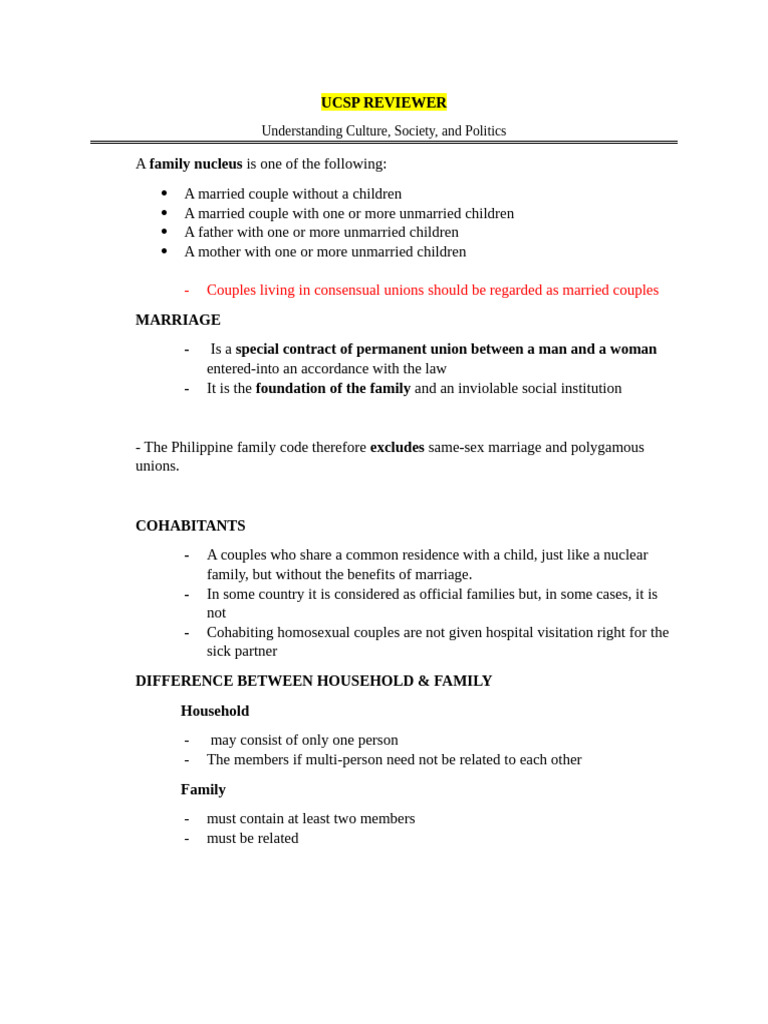 Ucsp Reviewer | PDF | Family | Marriage