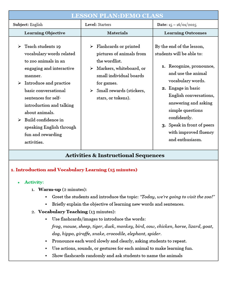 LESSON PLAN - DEMO CLASS | PDF | Vocabulary | Learning