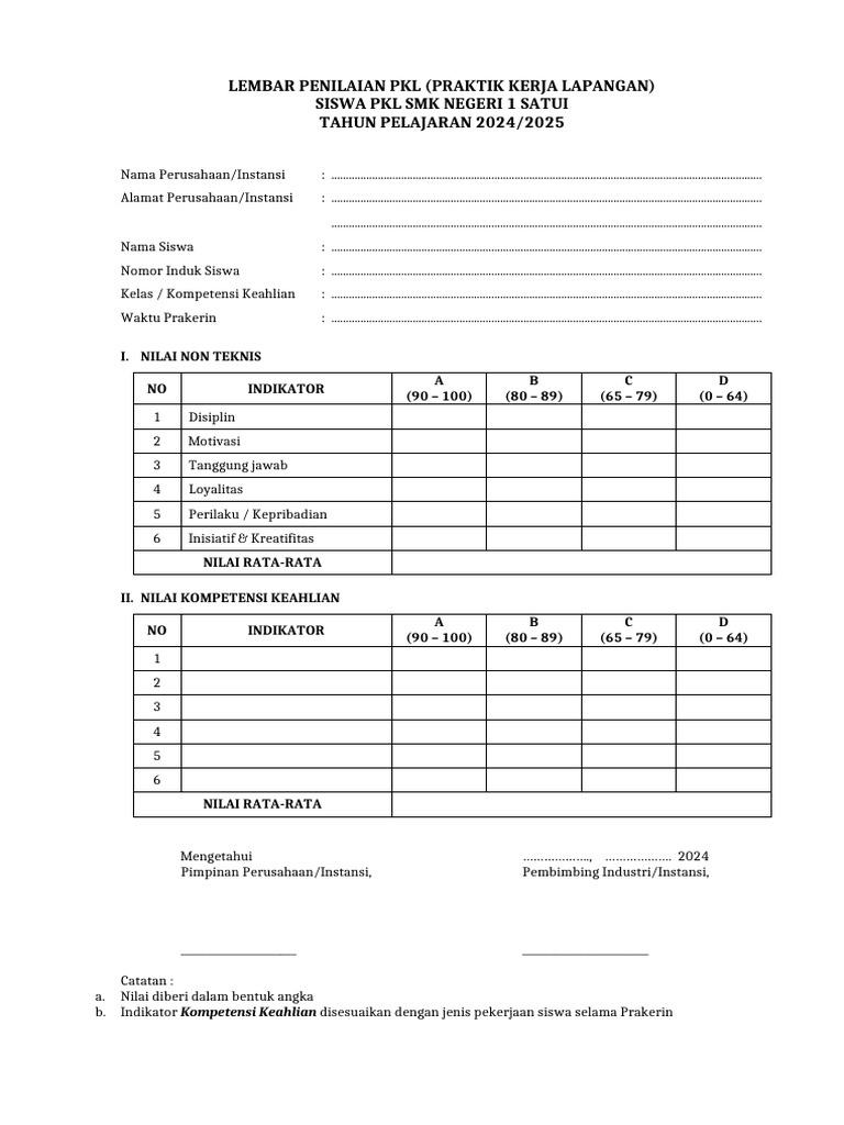 Lembar Penilaian PKL 2024 | PDF