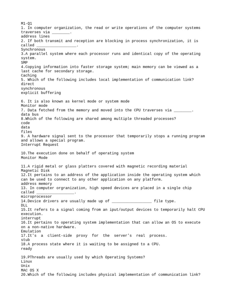 M1 Q1 Answers | PDF | Process (Computing) | Operating System