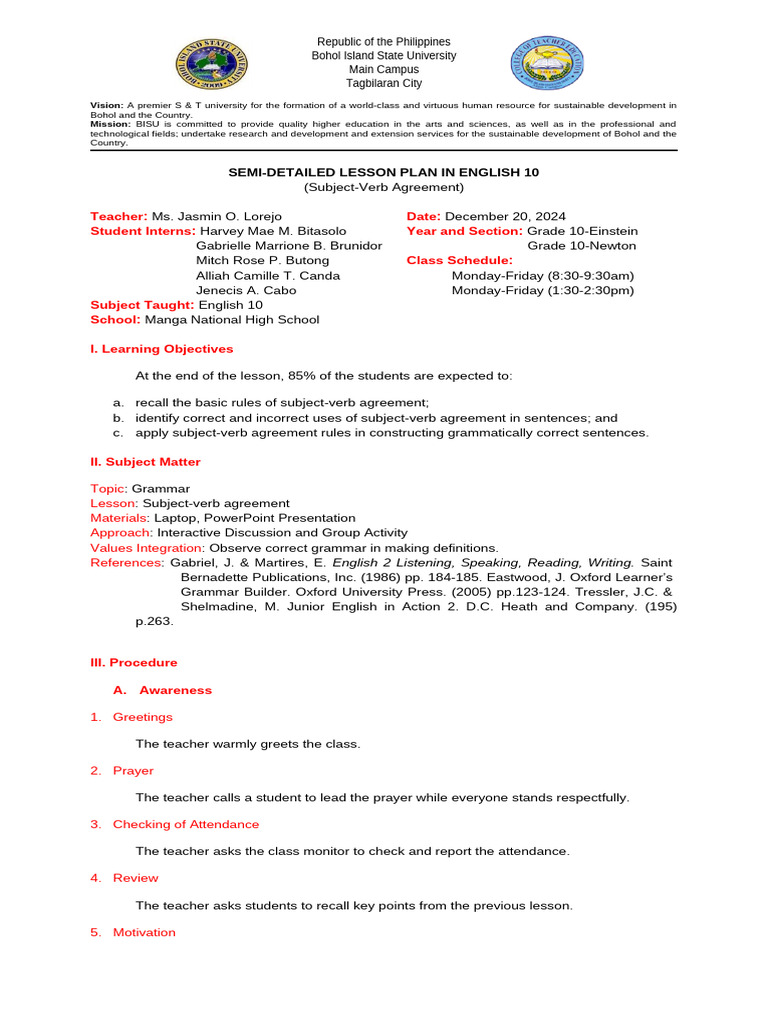 Subject-Verb Agreement Lesson Plan | PDF | Grammatical Number | Subject ...