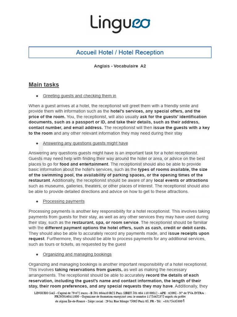 Accueil Hotel Hotel Reception | PDF | Hospitality Industry