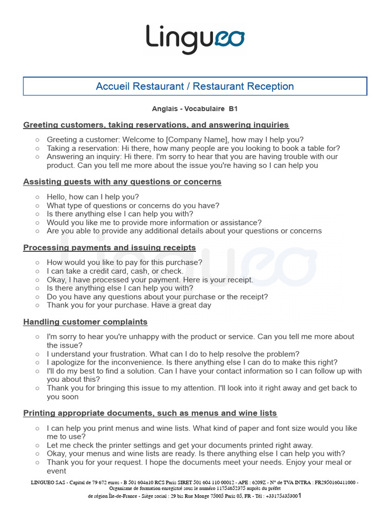 Accueil Restaurant Restaurant Reception | PDF
