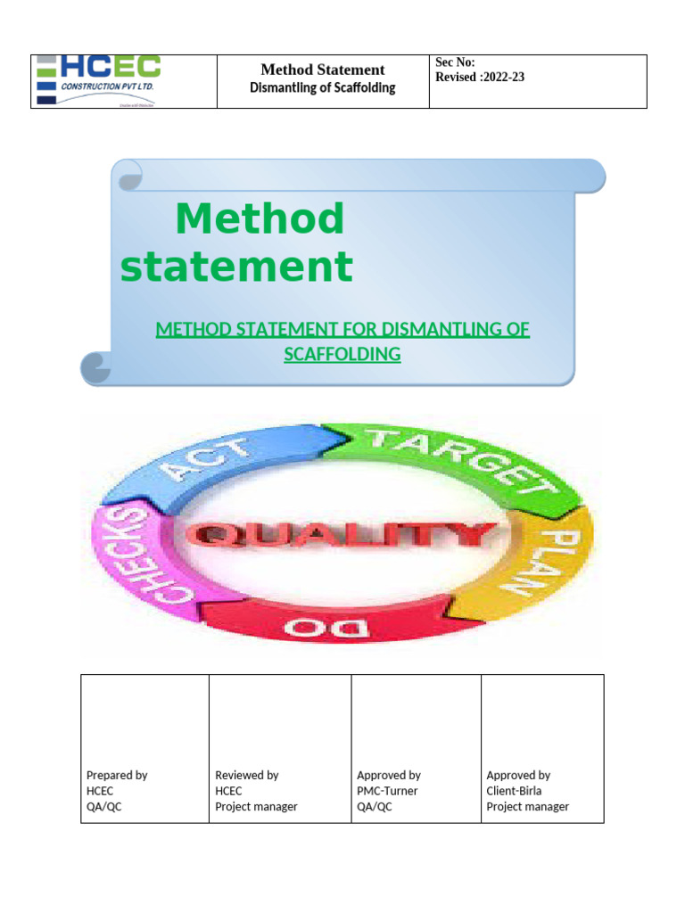 Dismantling Of Scaffolding Method Statement Une Pdf Scaffolding Safety