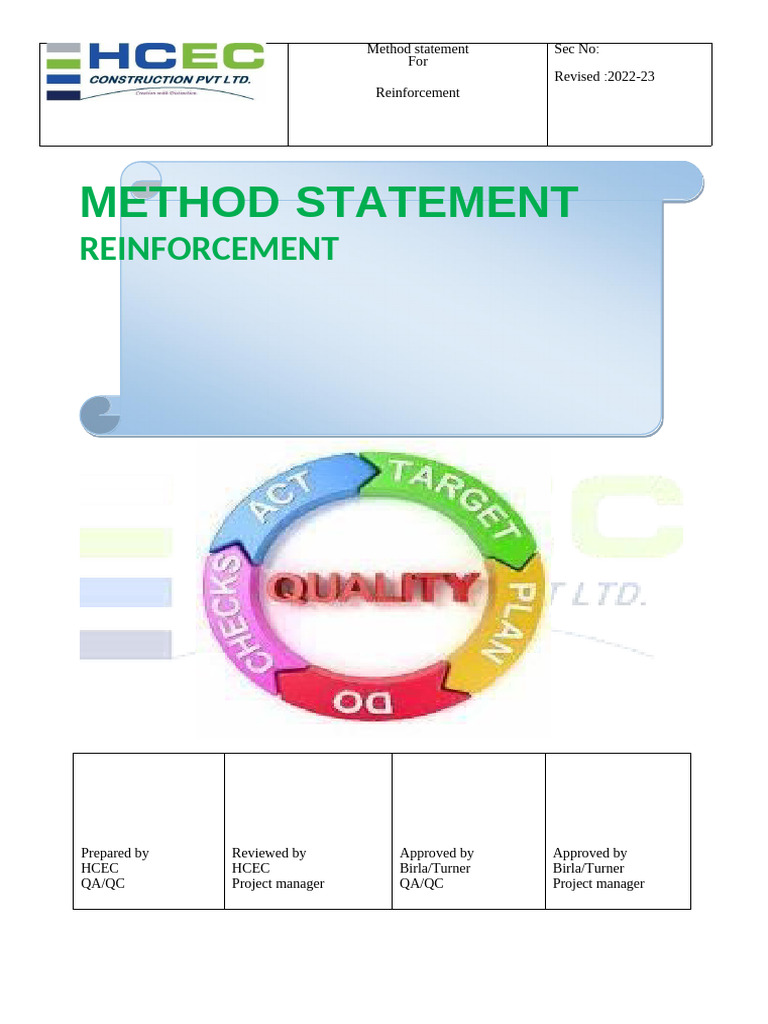 Method Statement For Reinforcement Work Re | PDF | Sheet Metal | Materials