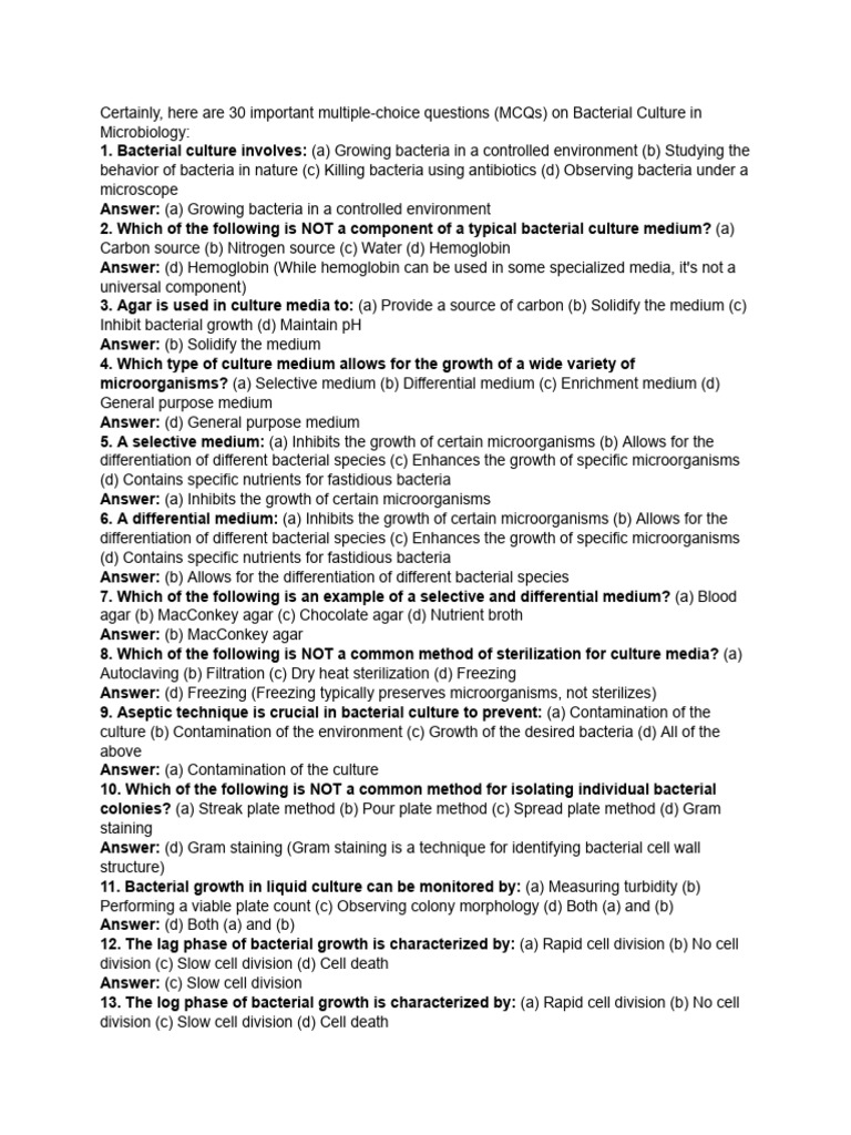 Microbiology Culture of Bacteria Important 30 MCQ | PDF | Growth Medium ...