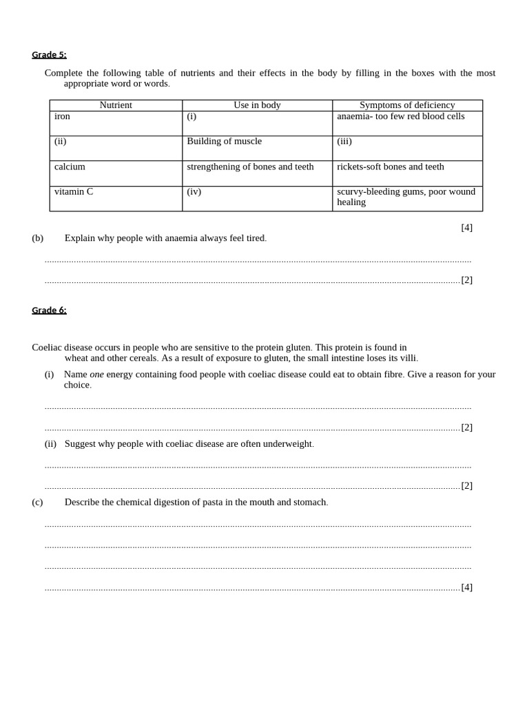 Deficiency Diseases Worksheet for Grades 5-6 | PDF | Coeliac Disease ...
