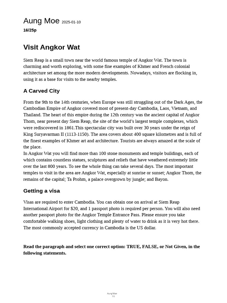 Aung Moe (Test 01 (English Intermediate) ) | PDF | Angkor | Angkor Wat
