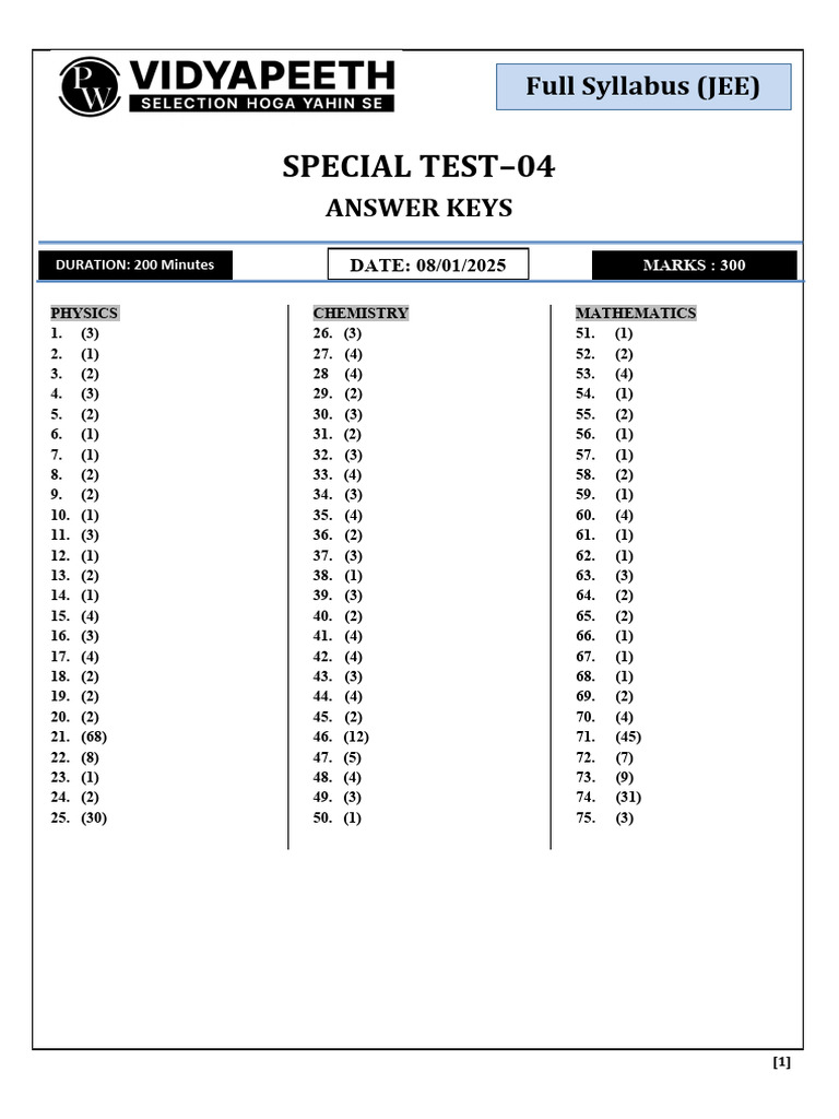 Special Test 04 JEE PCM Test Paper Ans Key 08-01-2025 | PDF