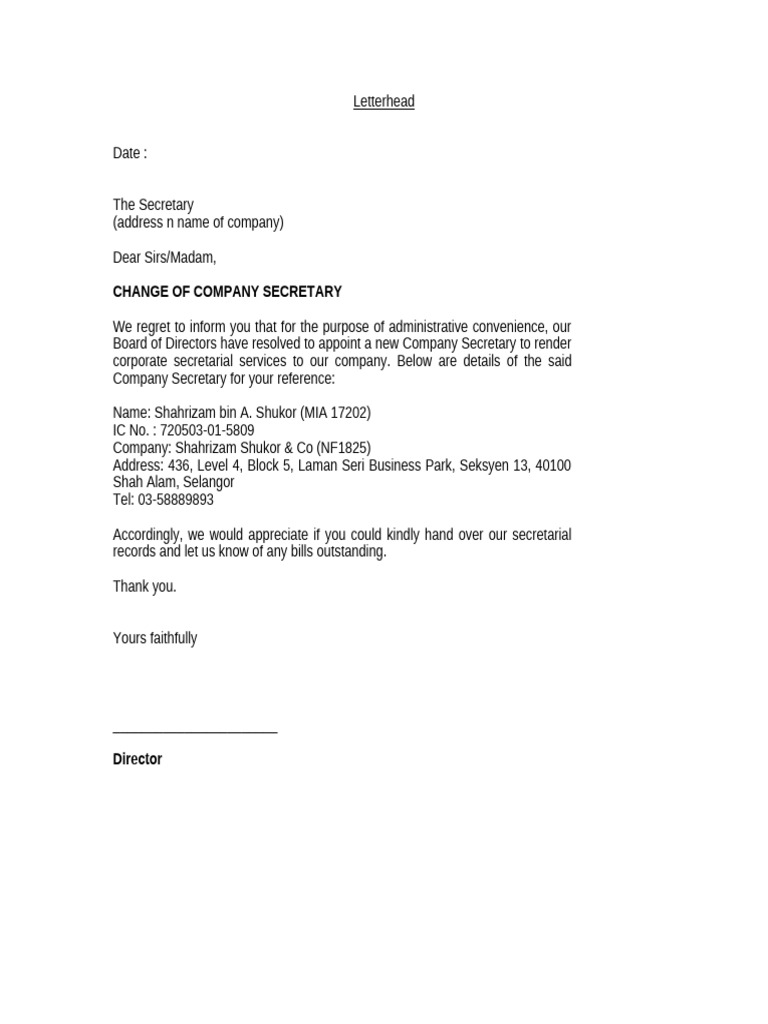 Change Co Sec-Sample | PDF