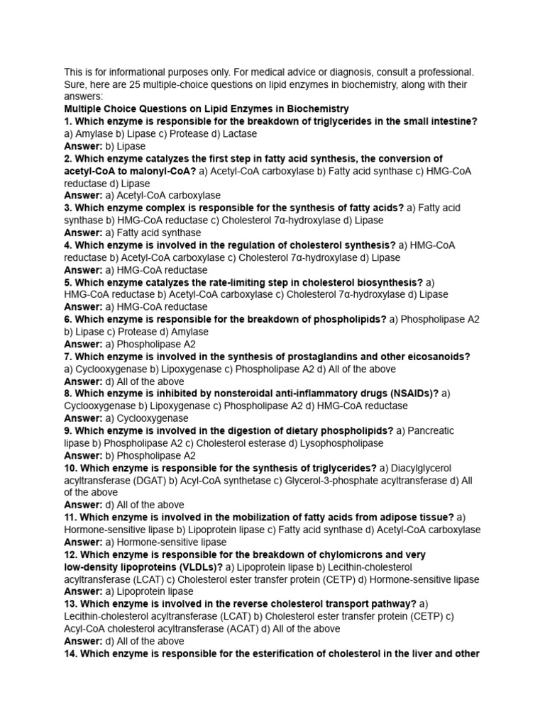 Lipid Enzymes: 25 MCQs and Answers | PDF | Cholesterol | Lipoprotein