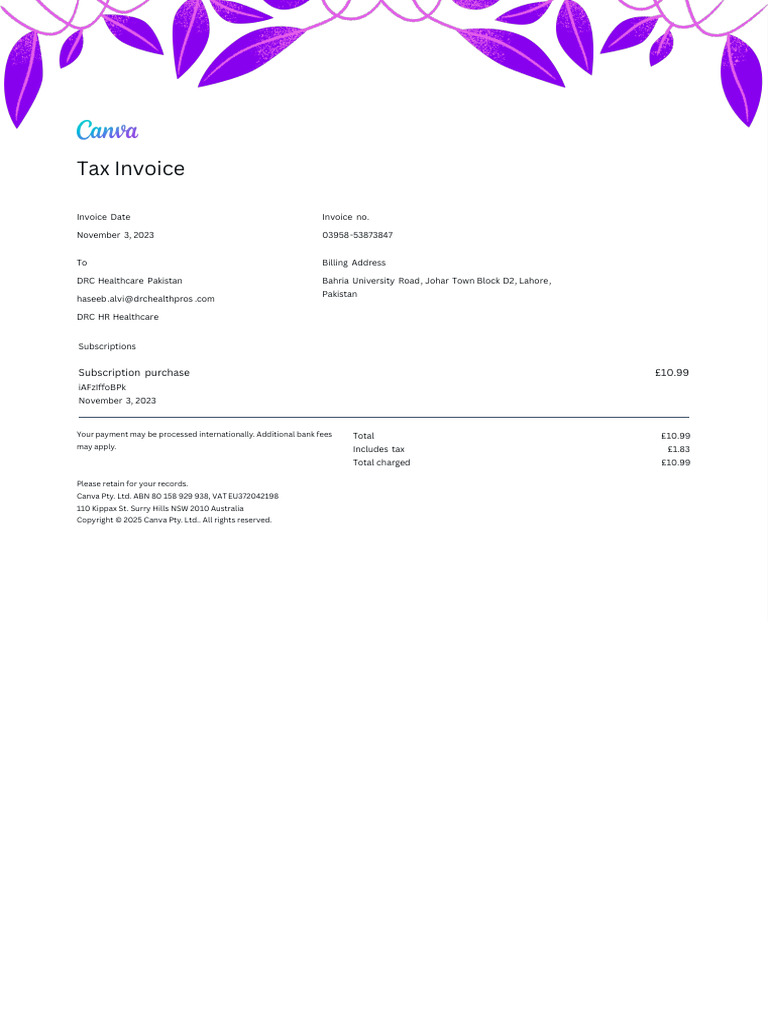 Tax Invoice for DRC Healthcare Subscription | PDF
