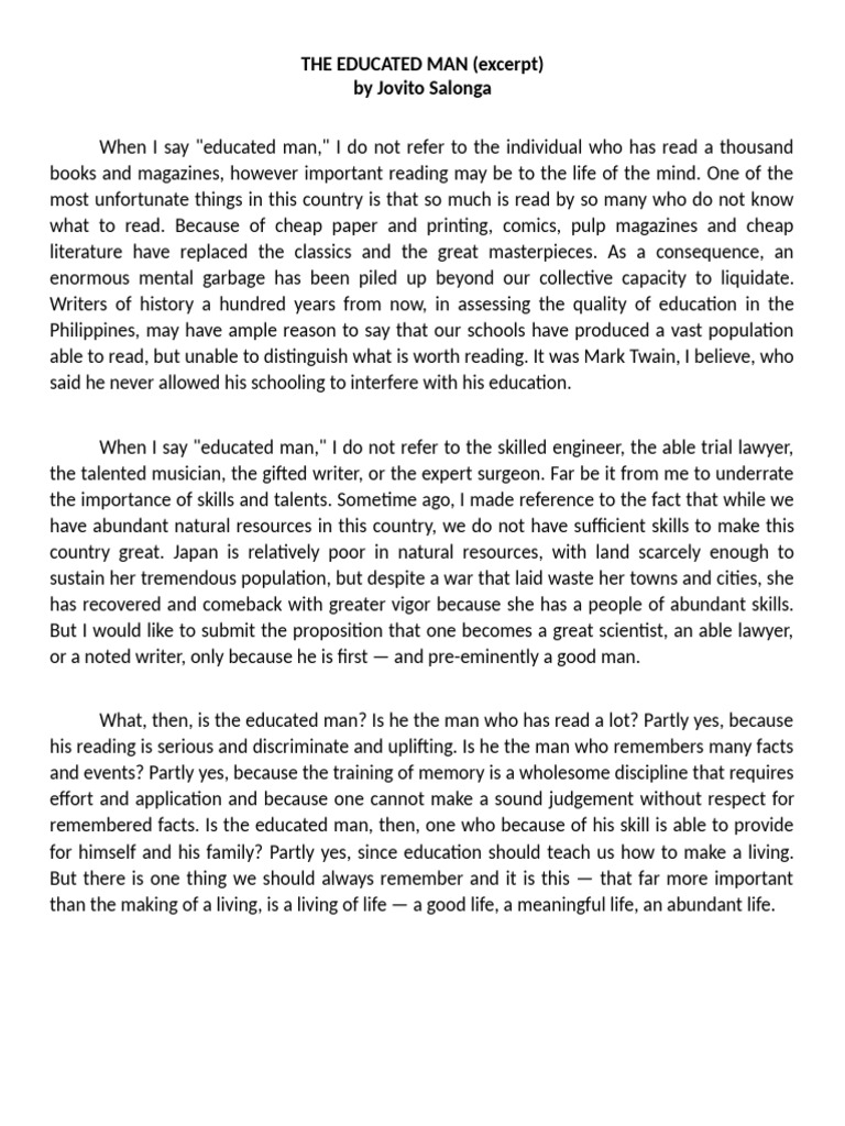 The EDUCATED MAN Excerpt by Jovito Salonga (2) | PDF | Cognitive ...