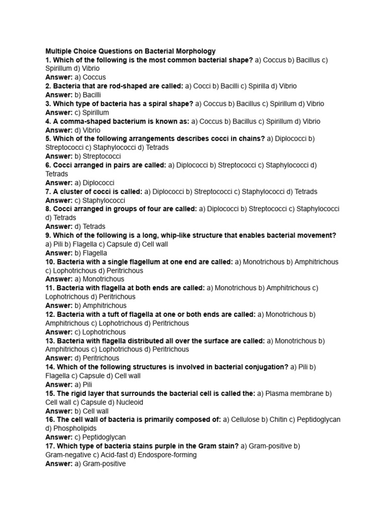Marphology of Bacteria 50 MCQ Question and Answer | PDF | Bacteria ...