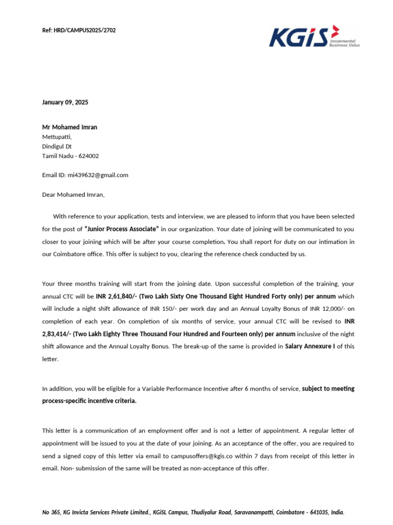 Junior Process Associate Offer Letter | PDF | Salary | Public Finance