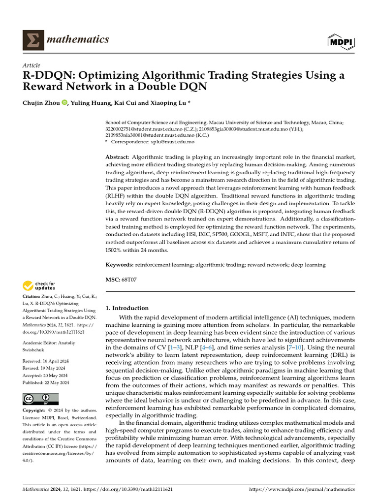 mathematics-12-01621 | PDF | Machine Learning | Algorithmic Trading