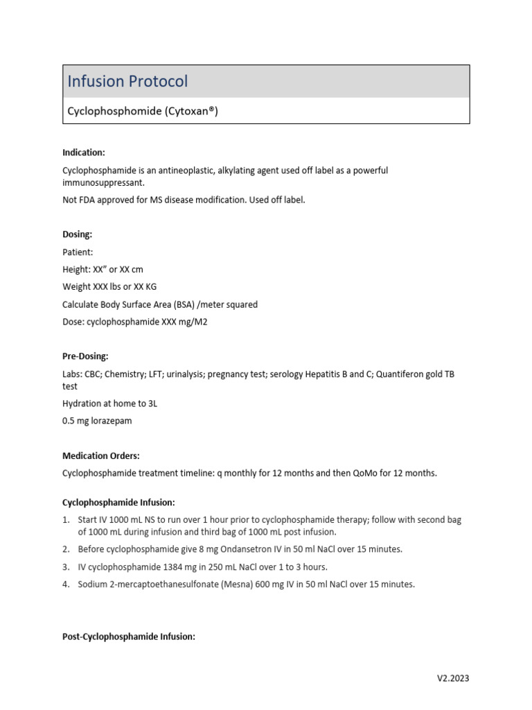 Cyclophosphamide Infusion Protocol Guide | PDF