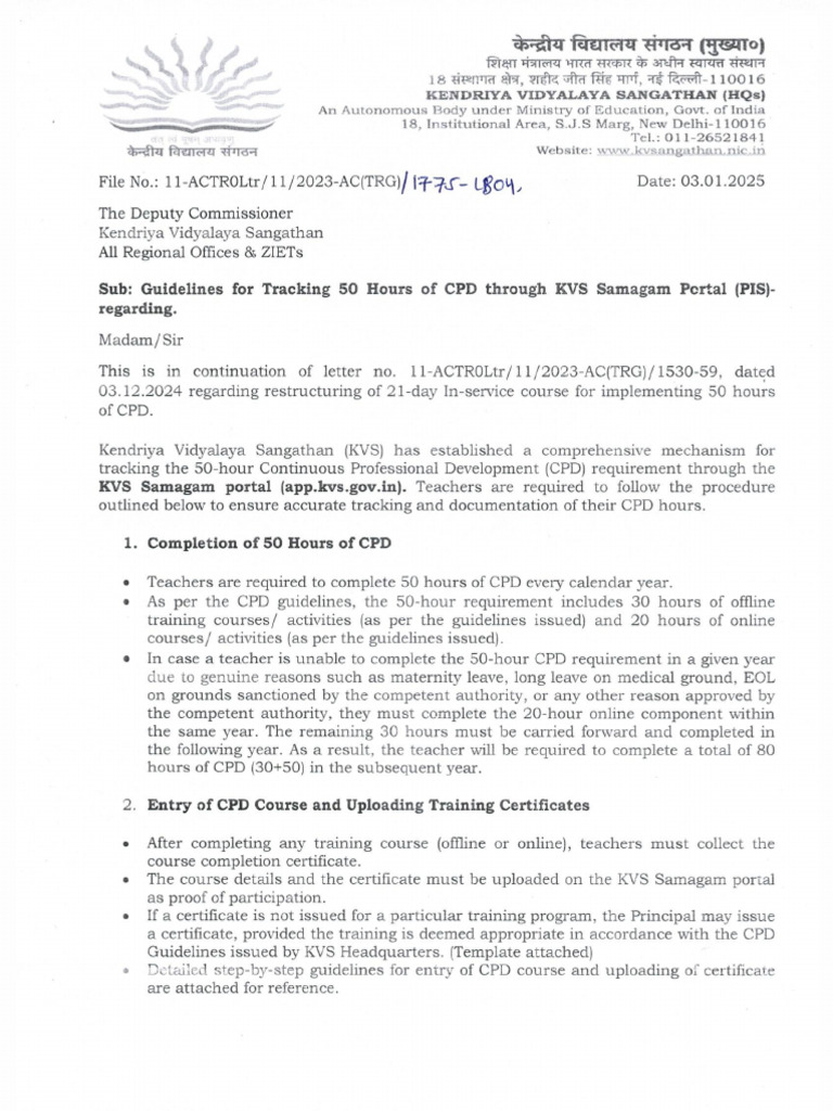 Guidelines For Tracking 50 Hours of CPD Through KVS Samagam Portal (PIS ...