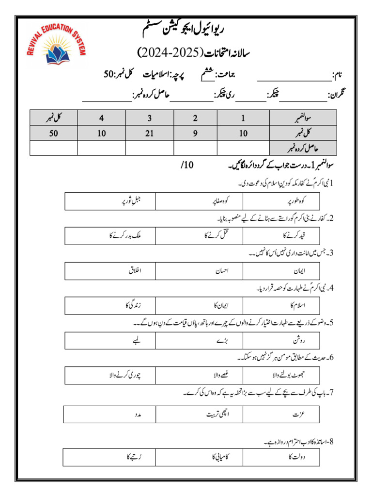 Islamyat Final Term Grade 6 | PDF