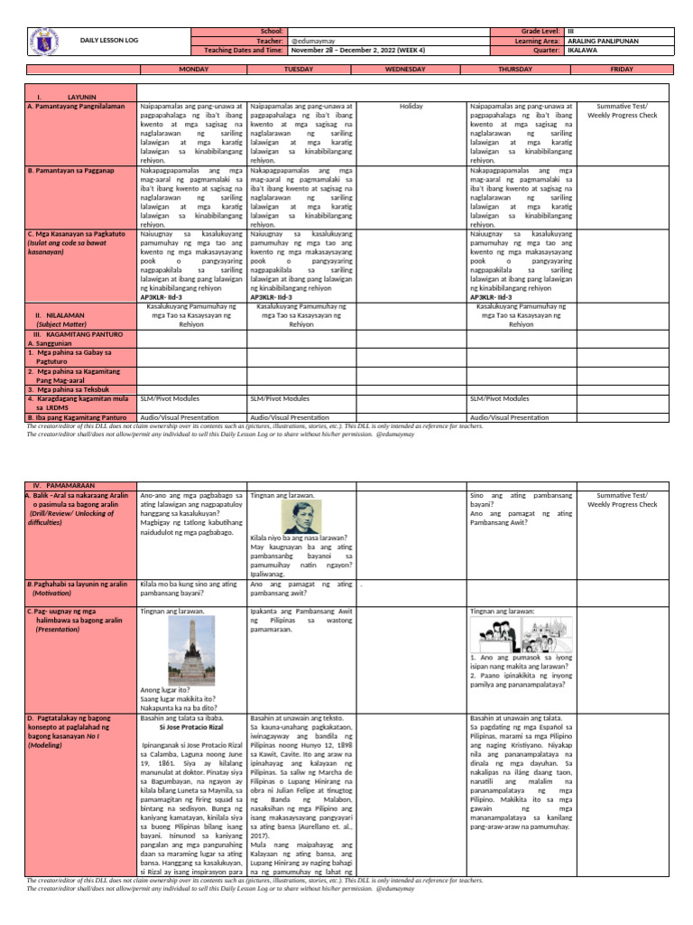 DLL ARALPAN3 Q2 W4 Newedumaymay | PDF