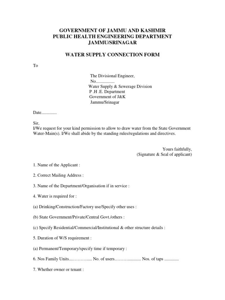 Water Supply Connection Application Form | PDF