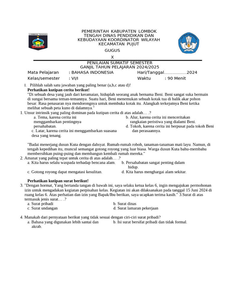 Soal Bhs - Indonesia Semester 1 Kls 6 2024 | PDF