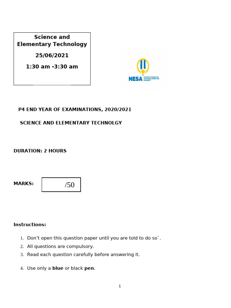 P4 Science & Tech Exam 2020/21 | PDF | Amphibian | Senses