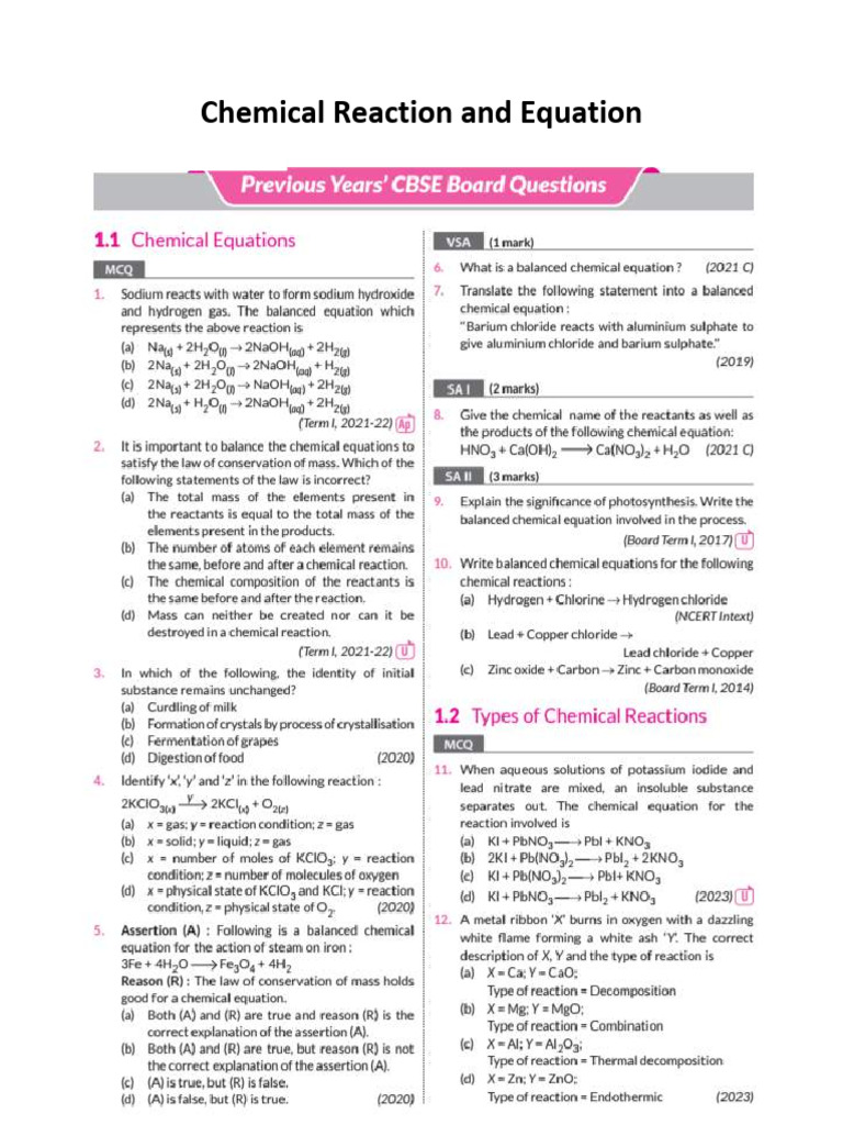 Chemical Reactions and Equations-PYQ_240721_094058 | PDF