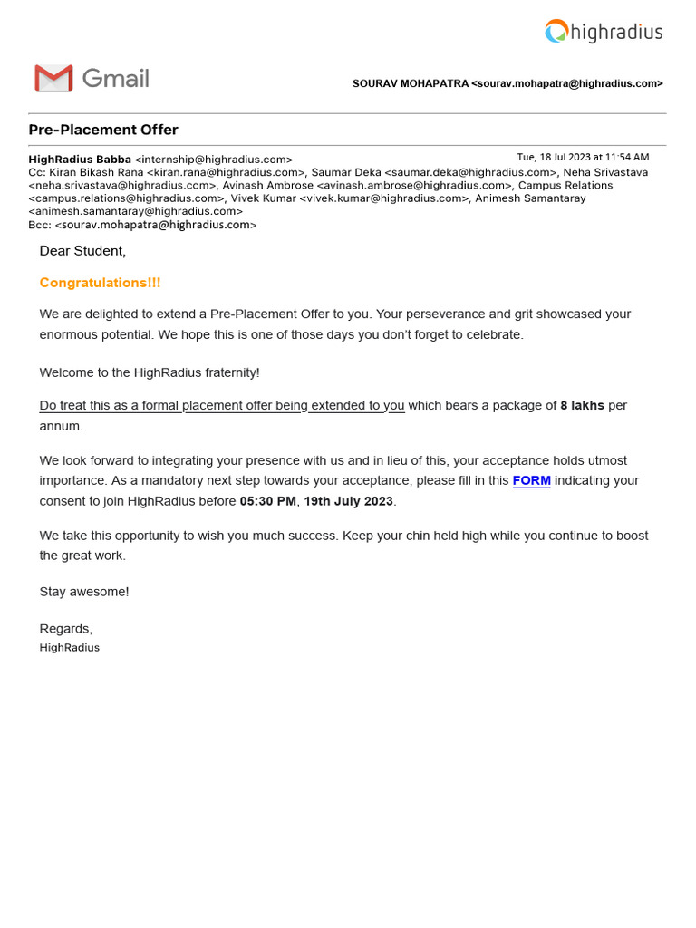 Pre-Placement Offer | PDF