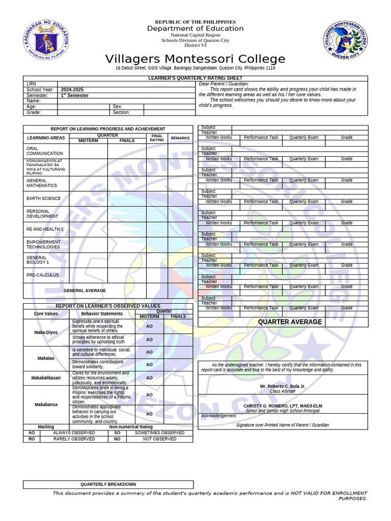 SHS-LEARNER-QUARTERLY-RATING-SHEET-TEMP | PDF | Learning | Behavior Modification