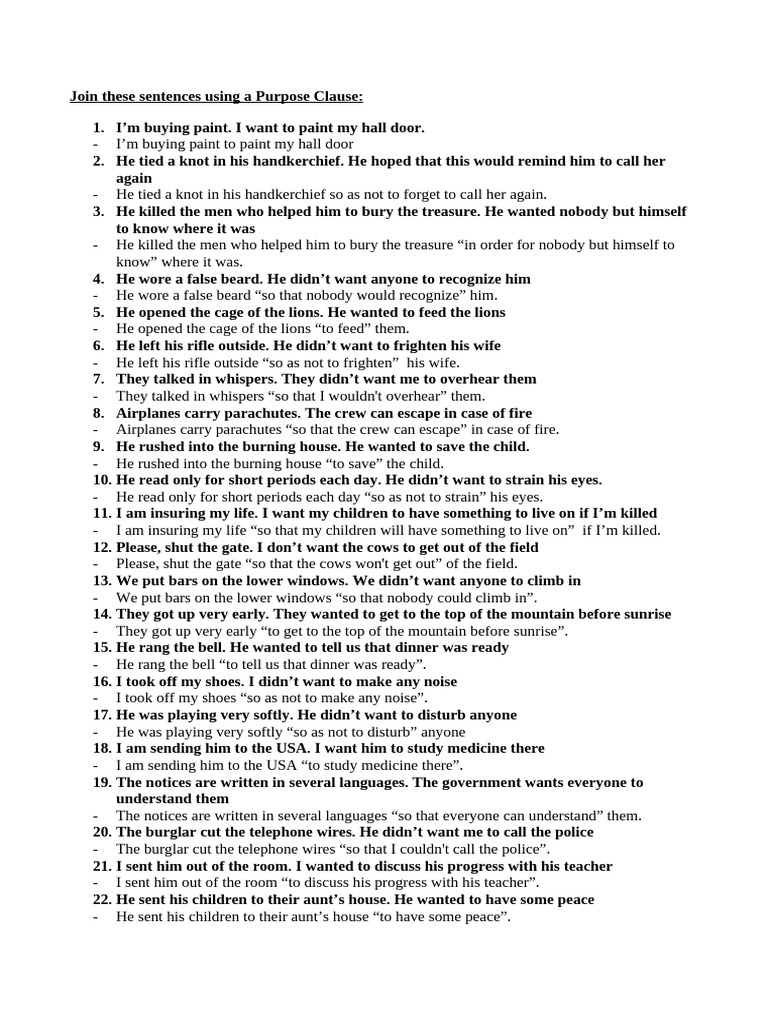 Exercise On Purpose Clauses 1 | PDF