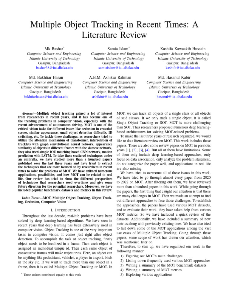 Multiple Object Tracking in Recent Times A Literat | PDF | Image ...