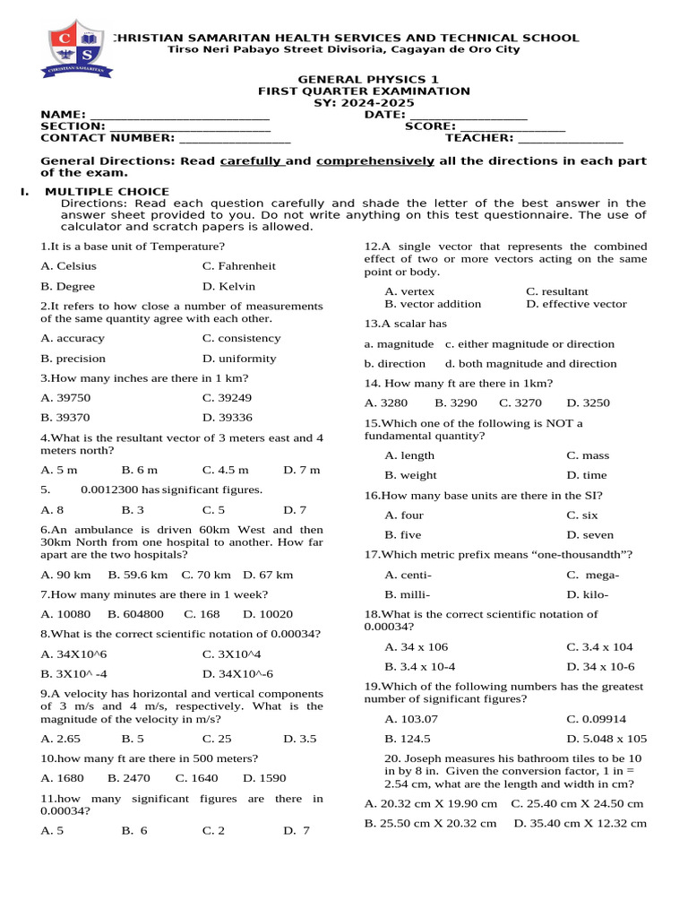 1stquarter General Physics - Final | PDF | Acceleration | Mechanics