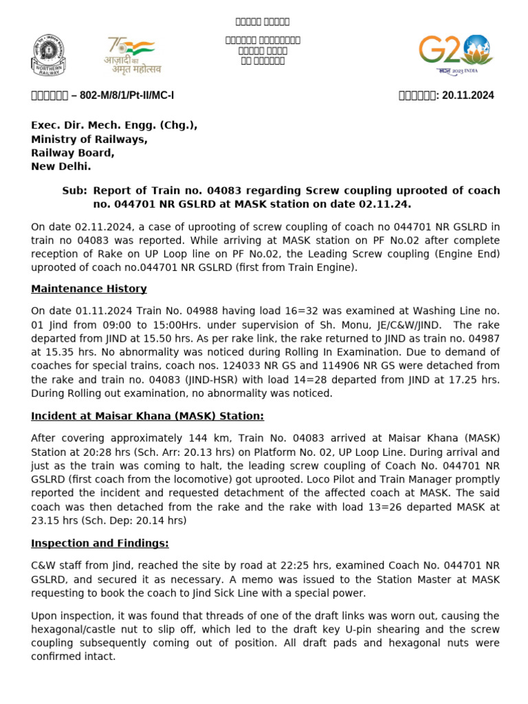 Report of Train No. 04083 Regarding Screw Coupling | PDF | Mechanical ...