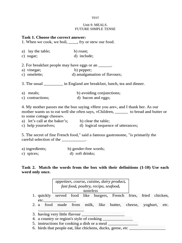 TEST 9 UNIT | PDF | French Cuisine | Meal