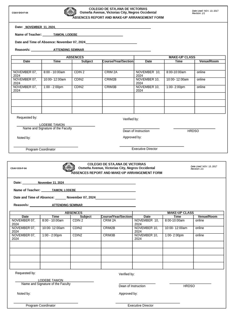 Make Up Class Form | PDF