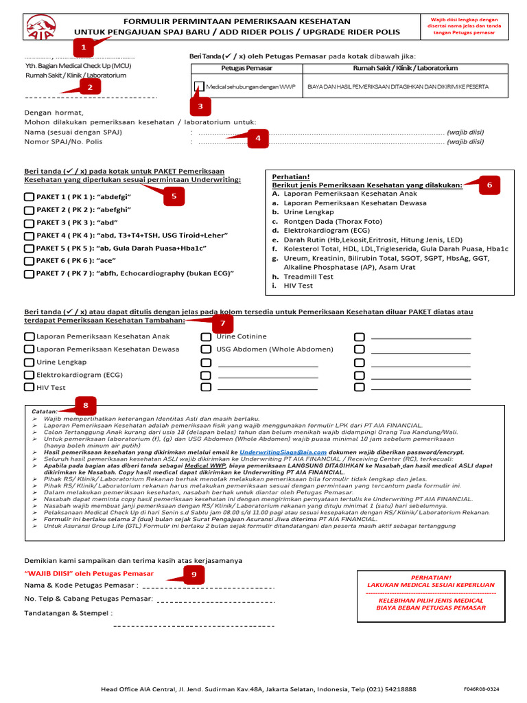 FORMULIR PERMINTAAN PEMERIKSAAN KESEHATAN UNTUK PENGAJUAN SPAJ BARU - ADD RIDER POLIS - UPGRADE ...