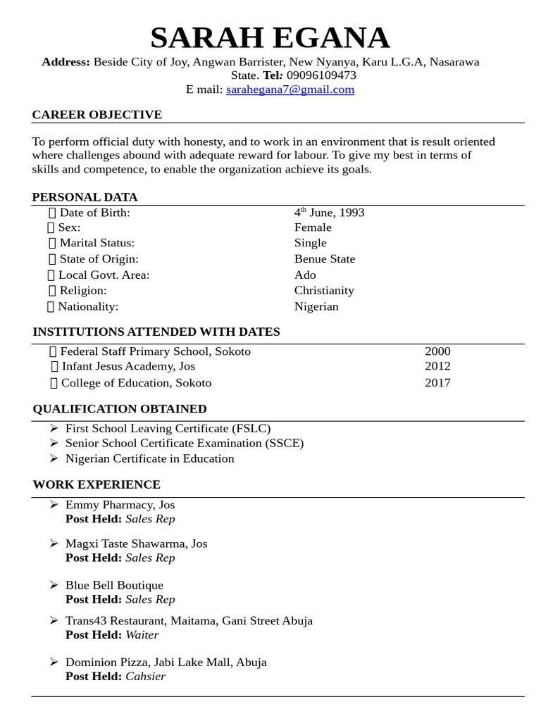 Sarah Egana CV | PDF