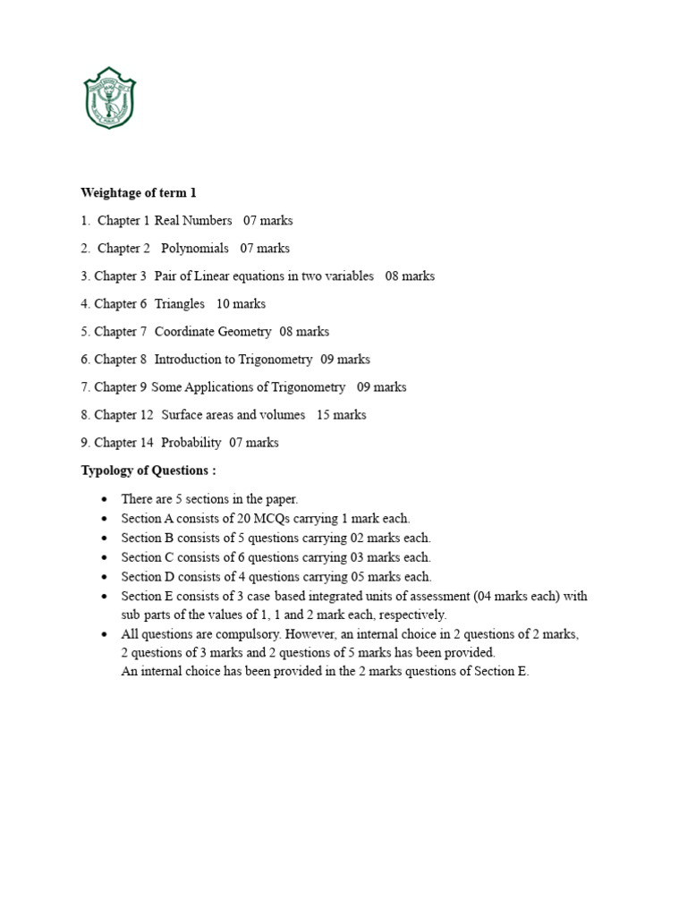 Weightage First Term Math Class X | PDF
