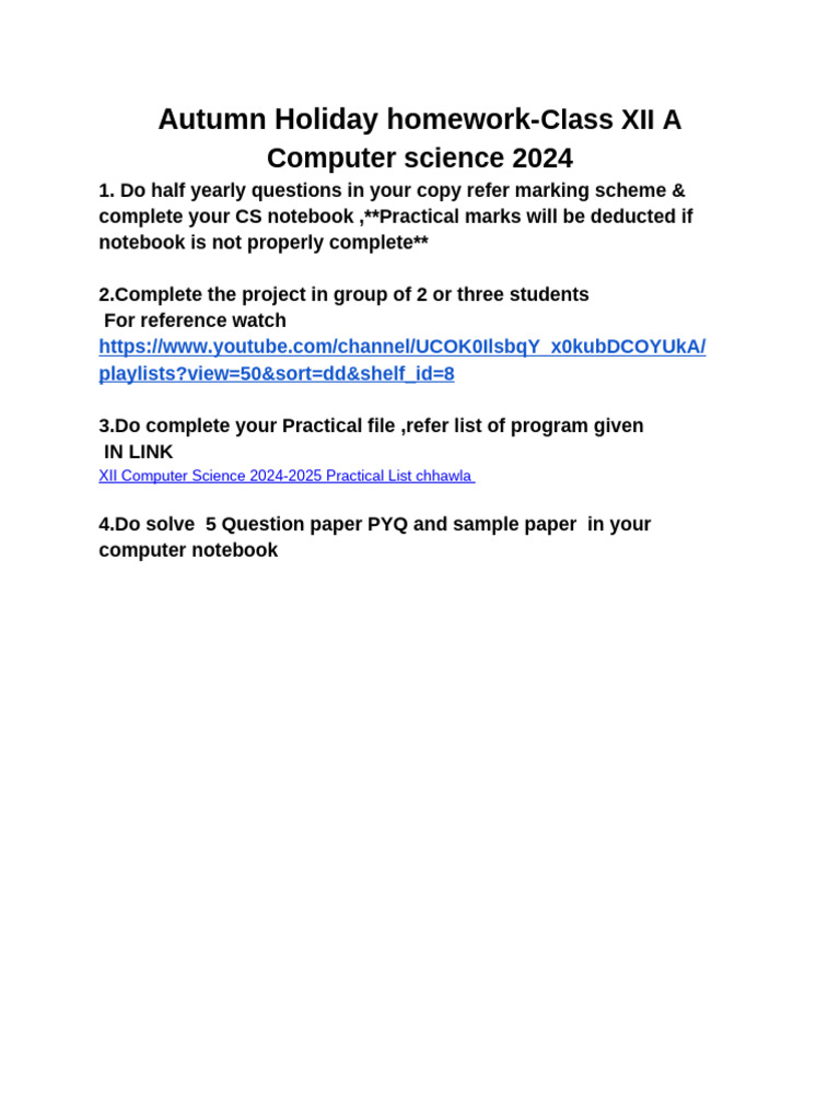 COMPUTER SCIENCE Autumn Holiday Homework-1 | PDF