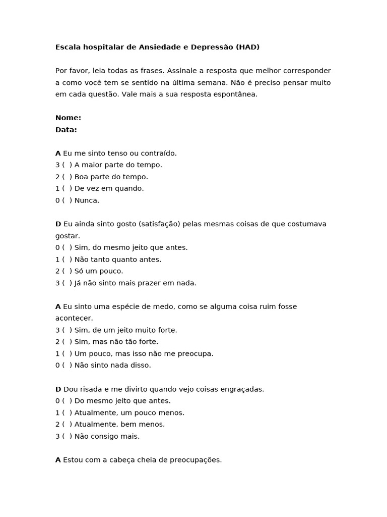 Escala Hospitalar de Ansiedade e Depressão (HAD) | PDF