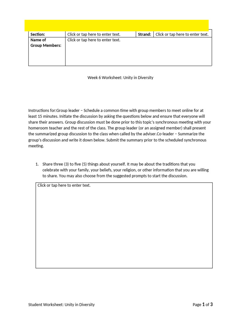 Week 6 Unity in Diversity Worksheet | PDF
