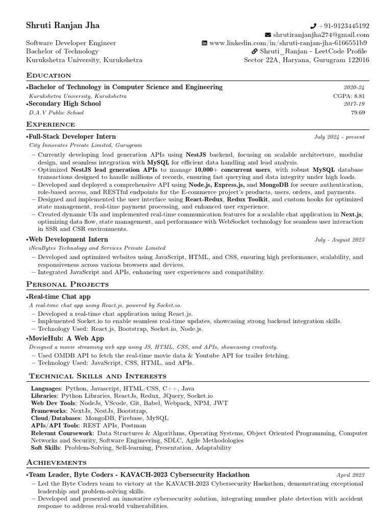 Shruti Ranjan's Resume | PDF | Web Development | Computer Programming