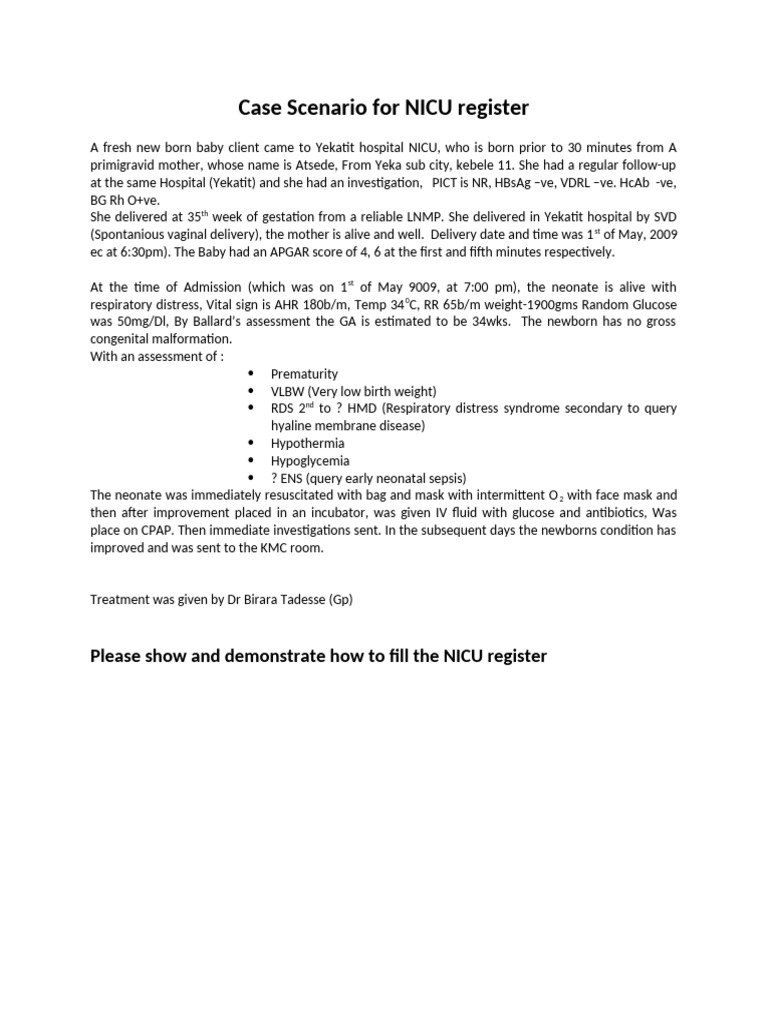 Case Scenario for NICU Register | PDF