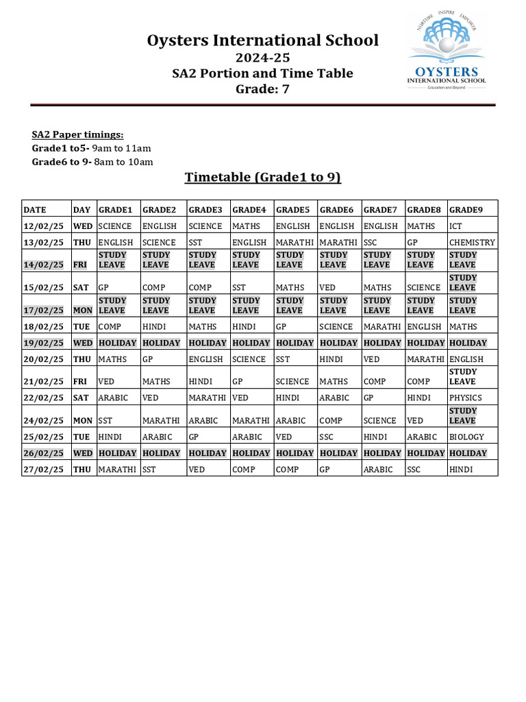 Grade 7_SA2_Feb'25_Timetable and Portion | PDF | Science | Inquiry