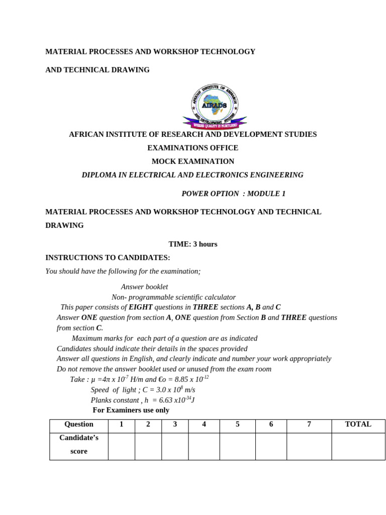 Workshop Technology Mock Examination | PDF | Ellipse