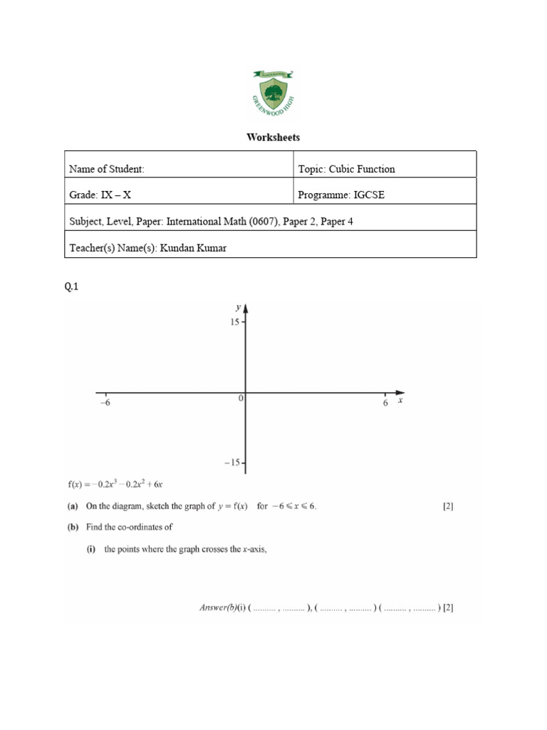 IGCSE Cubic Function Worksheets | PDF
