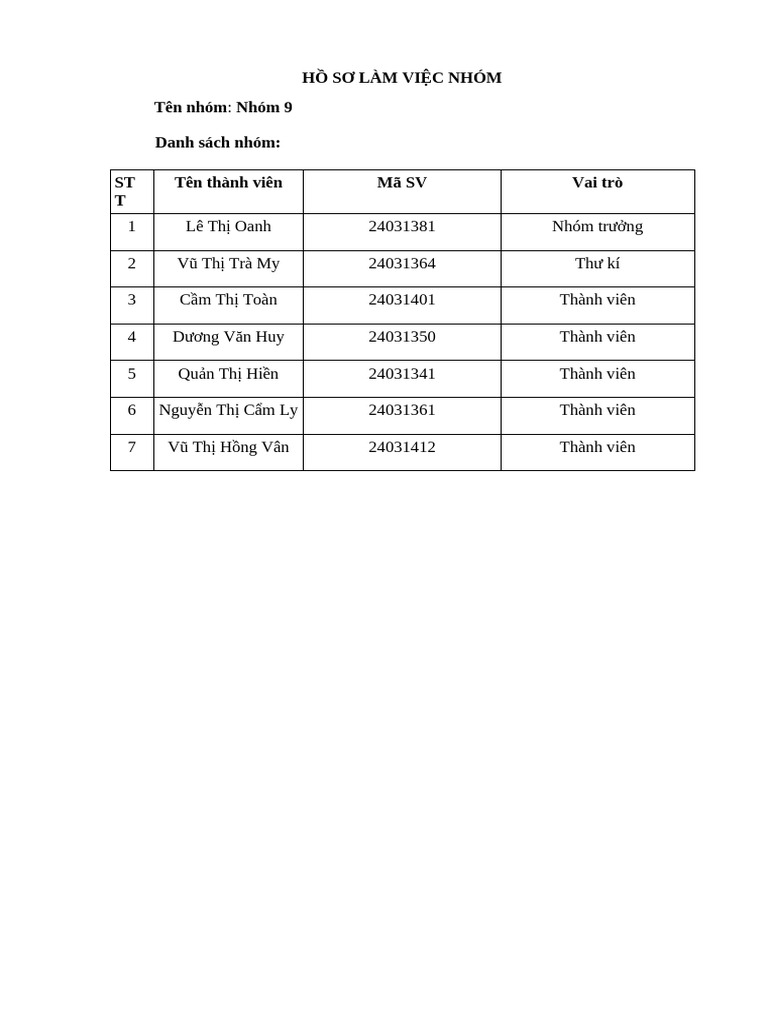 HỒ SƠ LÀM VIỆC NHÓM 9 QTTT | PDF