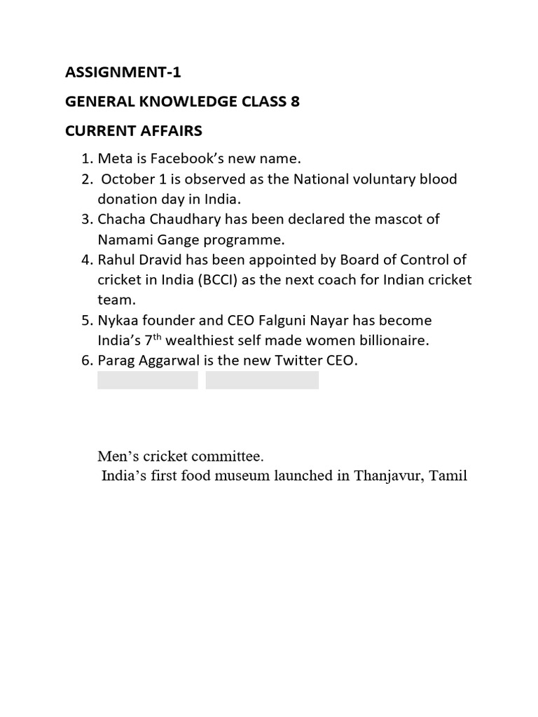 Current Affairs Class 8 | PDF